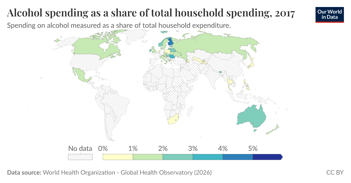 Alcohol spending as a share of total household spending - Our World in Data