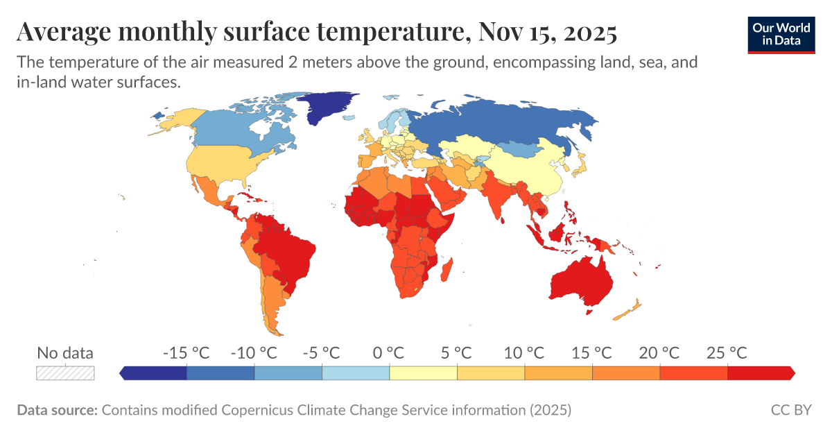 Average monthly surface temperature - Our World in Data