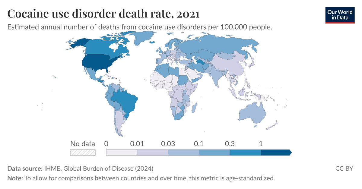 Cocaine use disorder death rate - Our World in Data