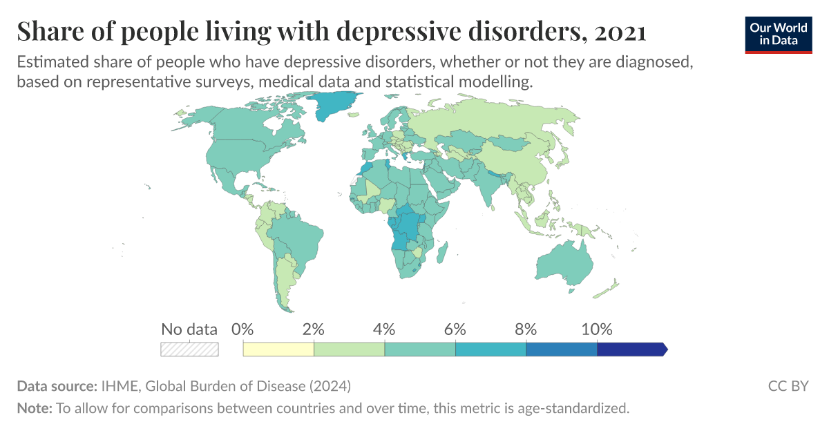 Share of people living with depressive disorders - Our World in Data