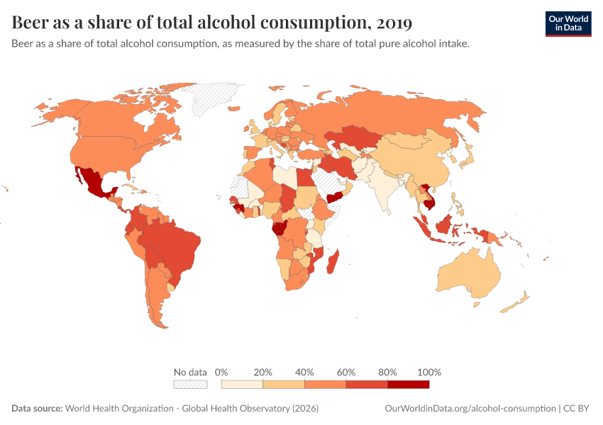 Beer as a share of total alcohol consumption - Our World in Data