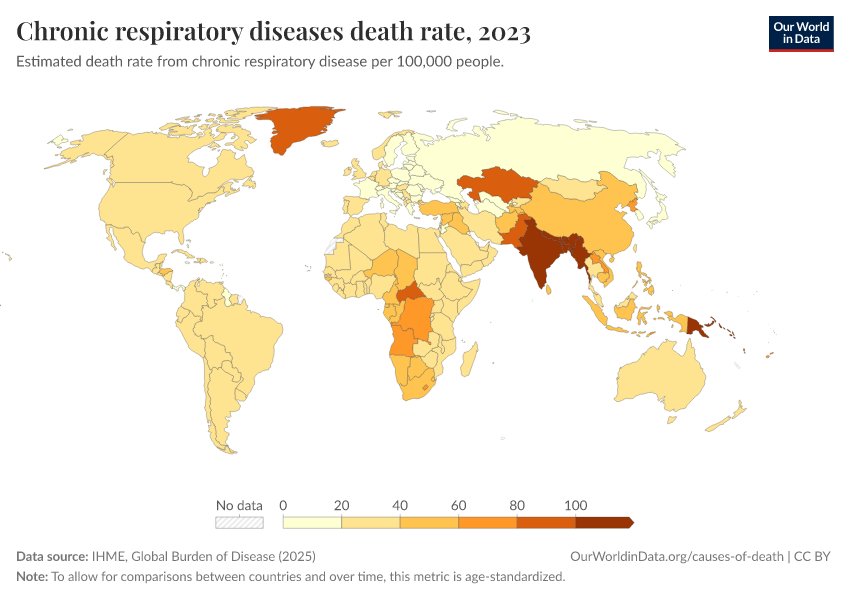 Respiratory disease death rate (per 100,000) - Our World in Data