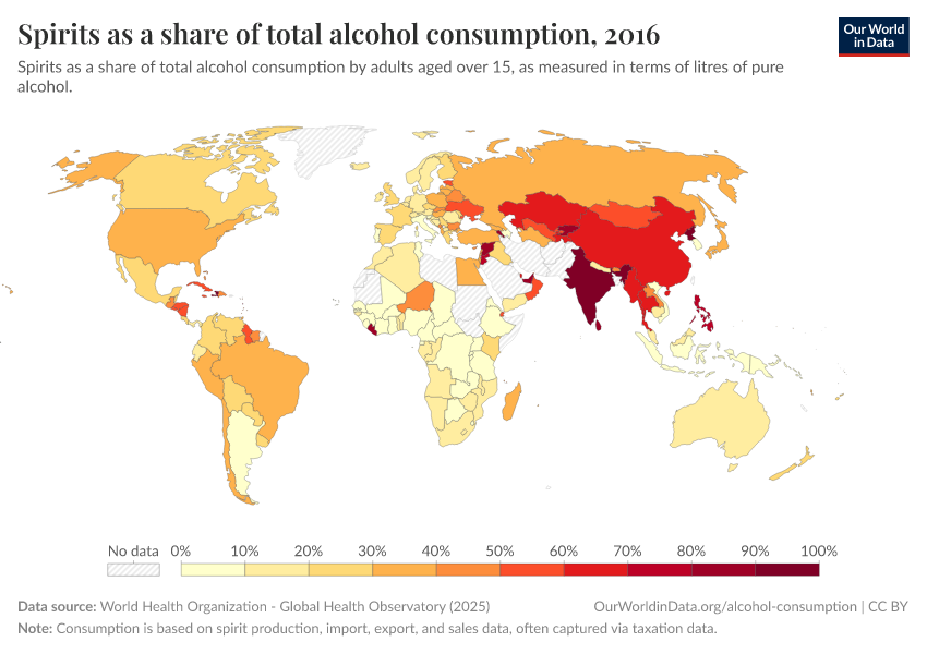 Spirits as a share of total alcohol consumption - Our World in Data