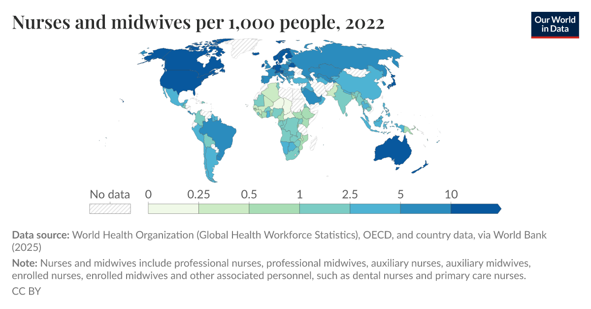 Nurses and midwives per 1,000 people - Our World in Data