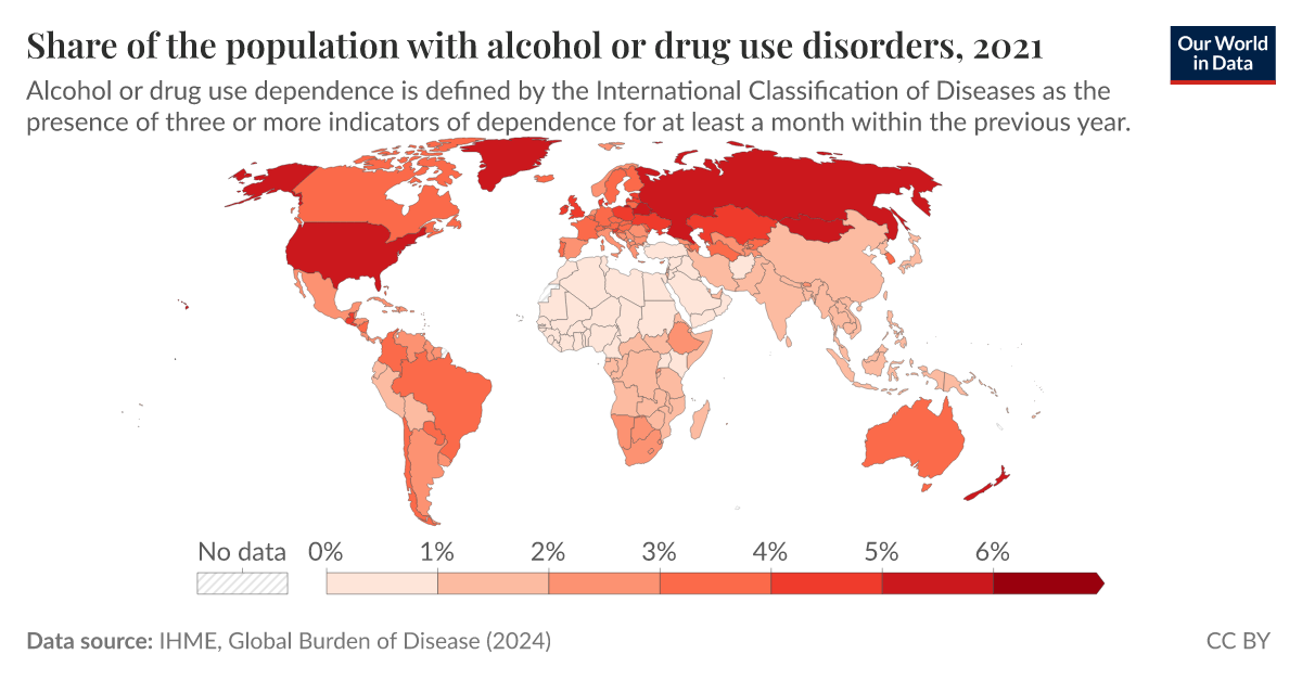 Share of the population with alcohol or drug use disorders - Our World ...