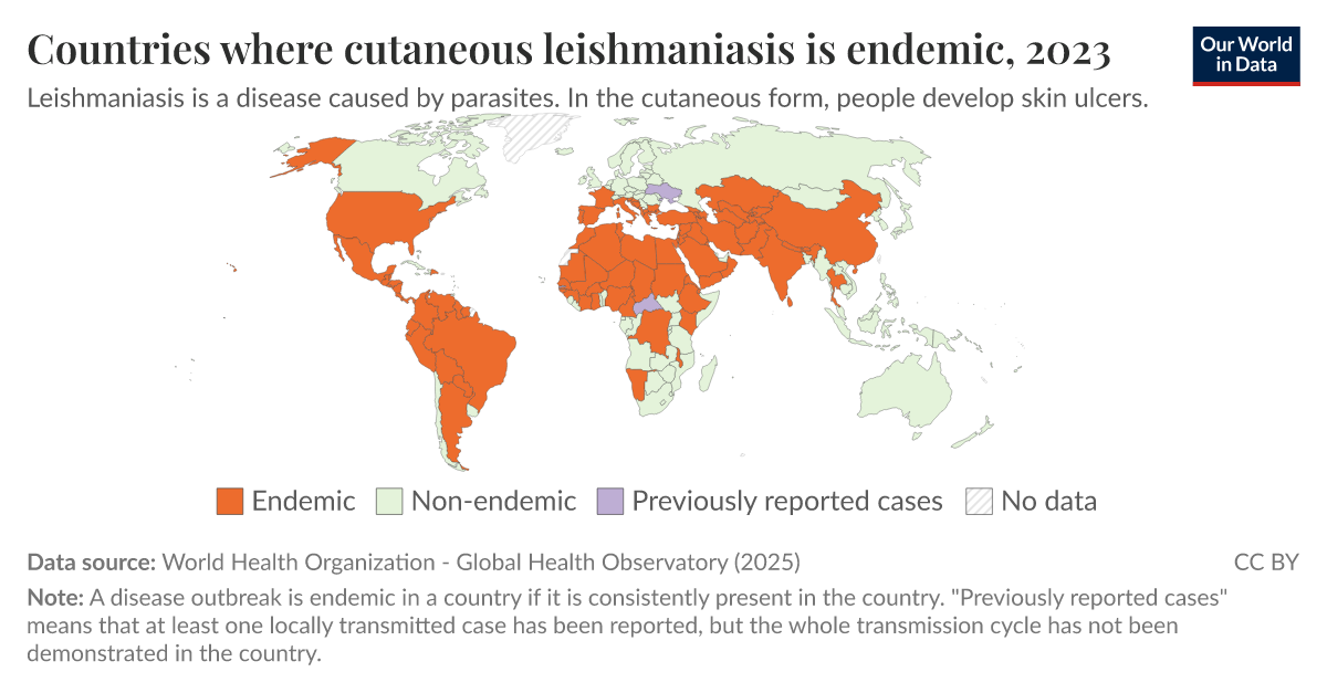 Countries where cutaneous leishmaniasis is endemic - Our World in Data
