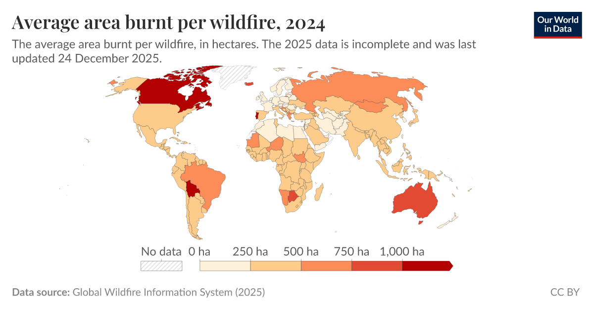 Average area burnt per wildfire - Our World in Data