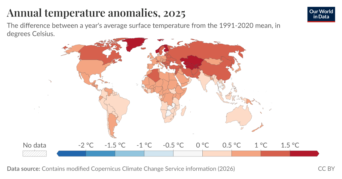 Annual temperature anomalies - Our World in Data