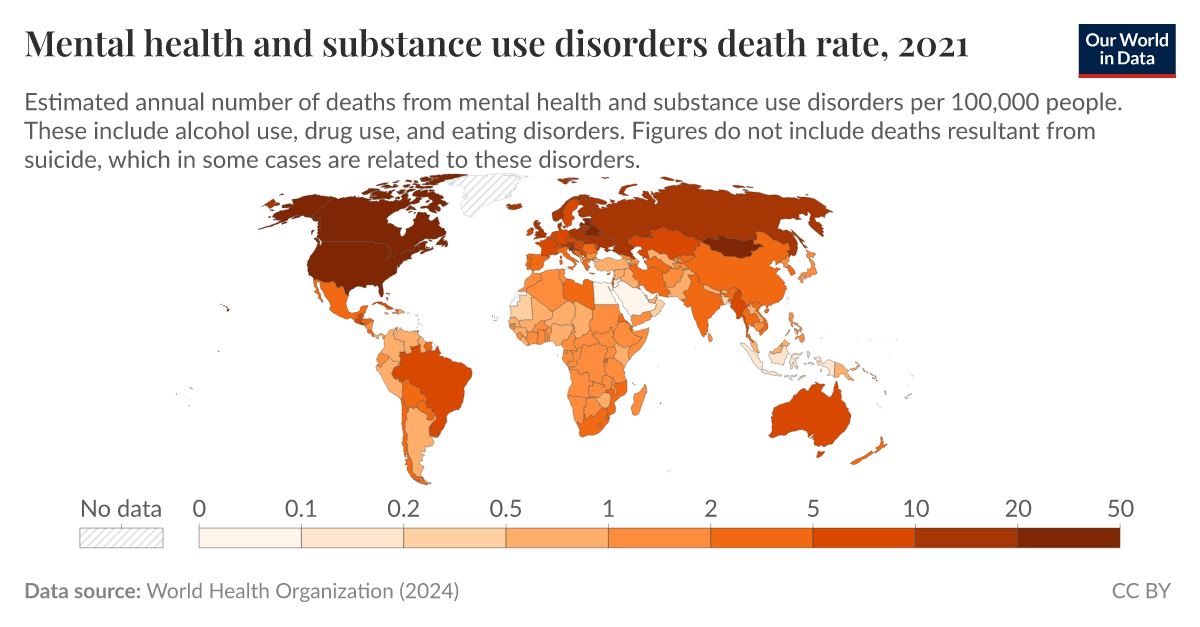 Mental health and substance use disorders death rate - Our World in Data