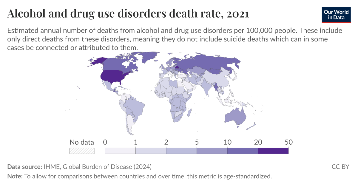 Alcohol and drug use disorders death rate - Our World in Data