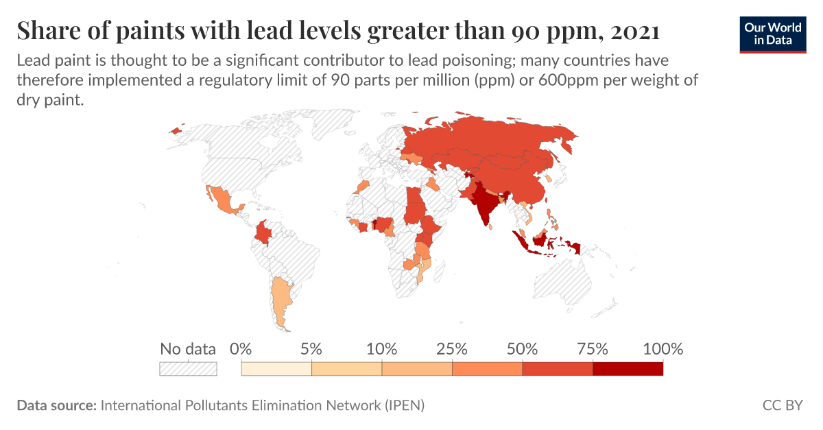 Share of paints with lead levels greater than 90 ppm - Our World in Data