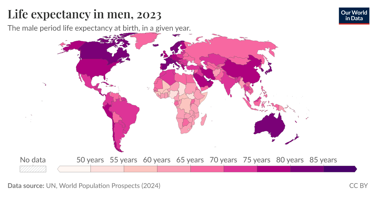 Life expectancy in men - Our World in Data