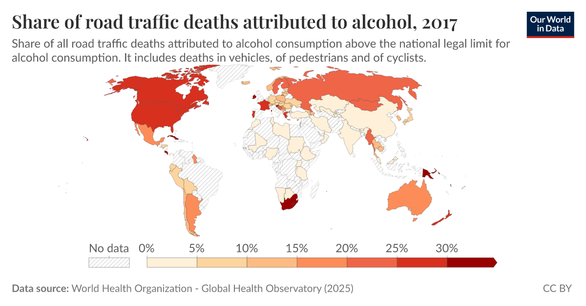 Share of road traffic deaths attributed to alcohol - Our World in Data