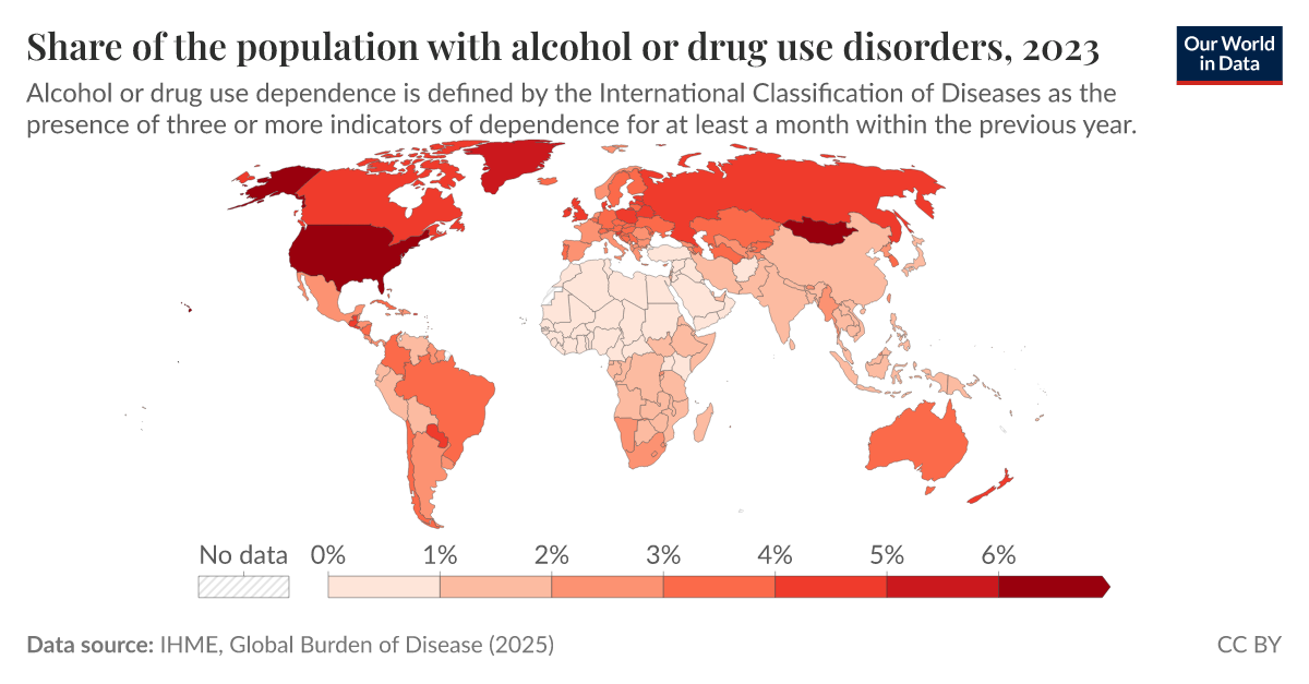Share of the population with alcohol or drug use disorders - Our World ...