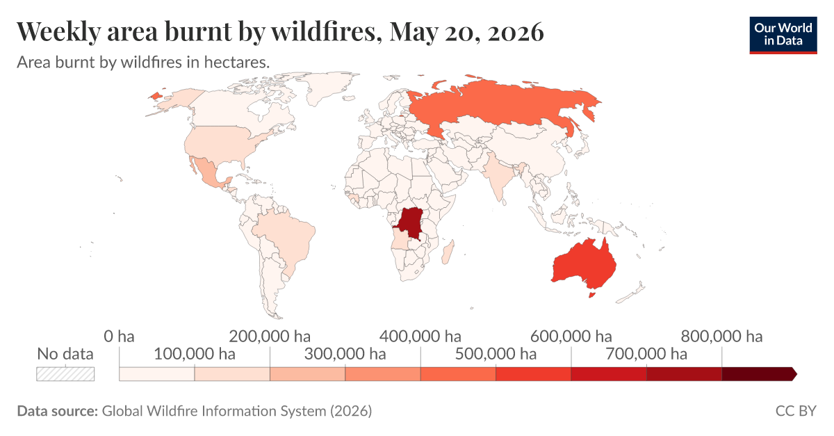 Weekly area burnt by wildfires - Our World in Data
