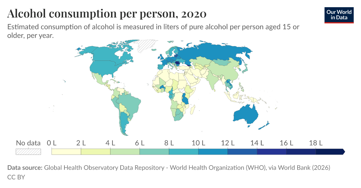 Alcohol consumption per person - Our World in Data