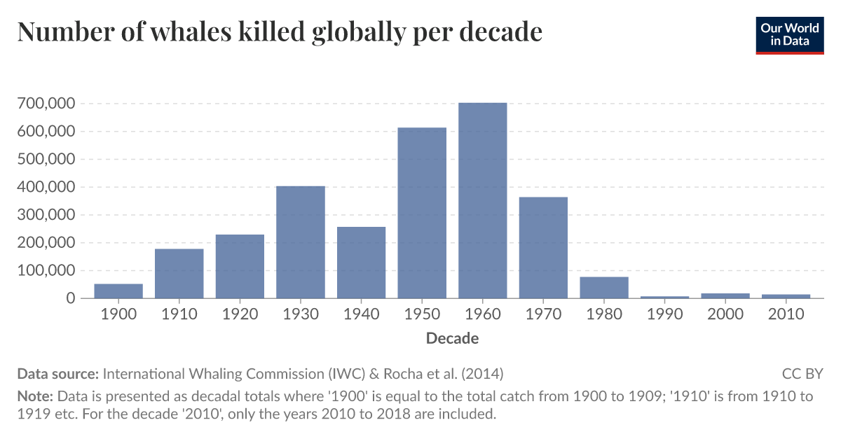 Number of whales killed globally per decade - Our World in Data
