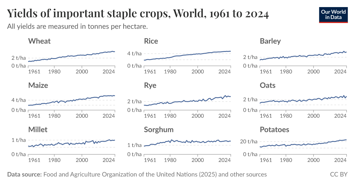Yields of important staple crops - Our World in Data